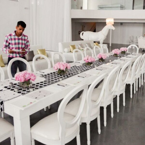Parson dining table - White rental - Bubble Design Rentals